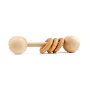 wood baby rattle teether by homi baby, perfect montessori grasping teething toy for babies, handmade in the usa, sealed with organic virgin coconut oil & beeswax (natural)