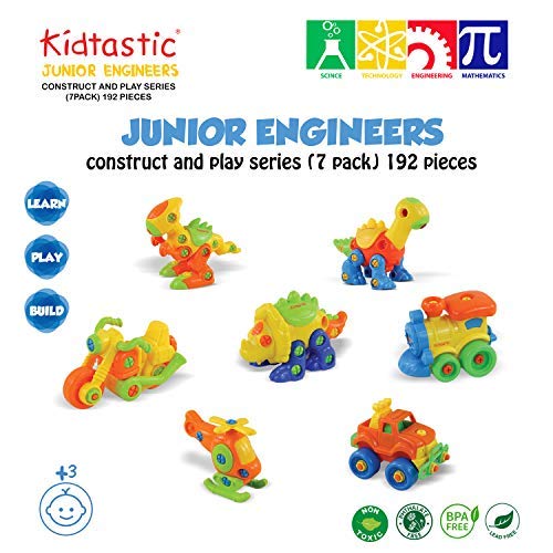 Kidtastic Set of 7 Take Apart Toys - Dinosaur, Helicopter, Train, Truck, Motorcycle - STEM Building Kit for Boys, Girls, Toddlers - Age 3, 4, 5 Years Old - Educational Gift Build and Play