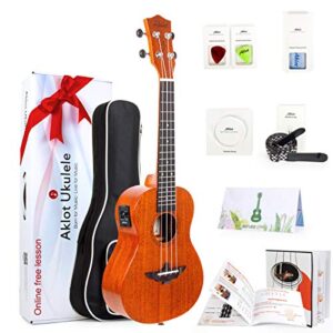 electric concert ukulele, aklot ukelele 23 inch solid mahogany with equalizer uke for professional player with beginner kit (gig bag, picks, strap, string, cleaning cloth, starter manual)