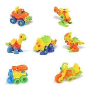 Kidtastic Set of 7 Take Apart Toys - Dinosaur, Helicopter, Train, Truck, Motorcycle - STEM Building Kit for Boys, Girls, Toddlers - Age 3, 4, 5 Years Old - Educational Gift Build and Play