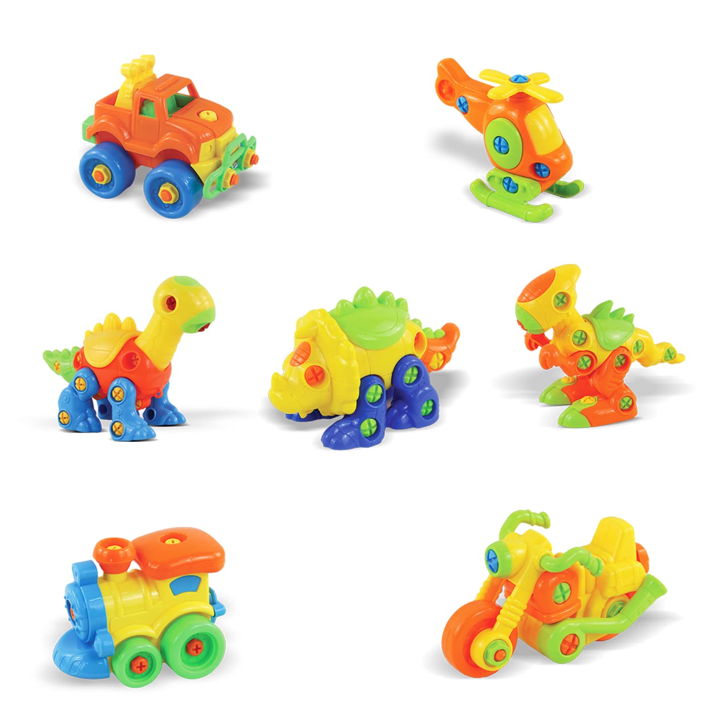 Kidtastic Set of 7 Take Apart Toys - Dinosaur, Helicopter, Train, Truck, Motorcycle - STEM Building Kit for Boys, Girls, Toddlers - Age 3, 4, 5 Years Old - Educational Gift Build and Play