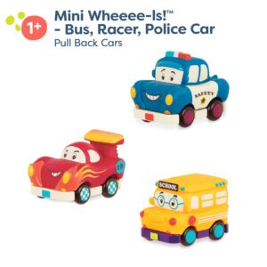 B. toys- Mini Wheeee-ls!- 3 pc Mini Pull-Back Vehicles Set, Bus & Cars, Multi, Hot Rod, School Bus, Police Car- 1 year +