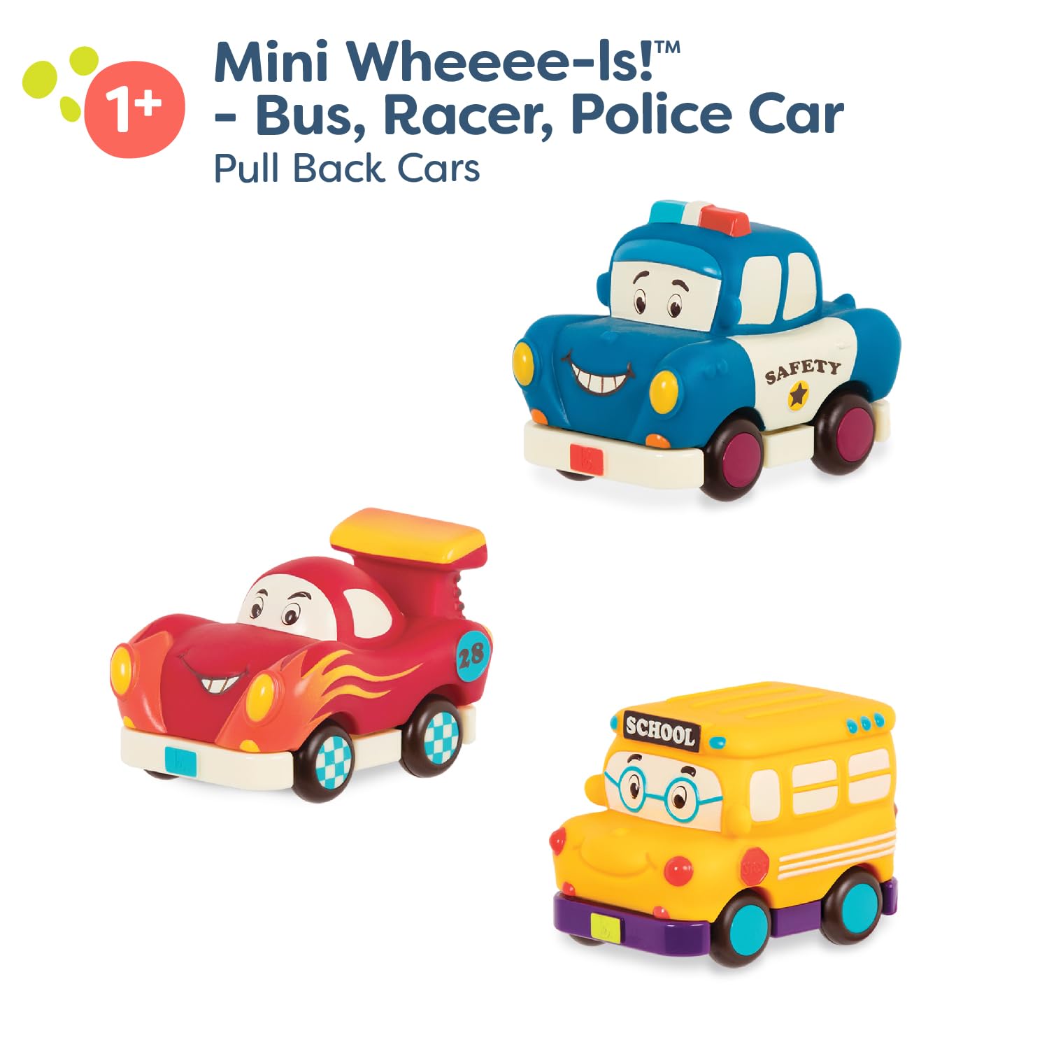 B. toys- Mini Wheeee-ls!- 3 pc Mini Pull-Back Vehicles Set, Bus & Cars, Multi, Hot Rod, School Bus, Police Car- 1 year +