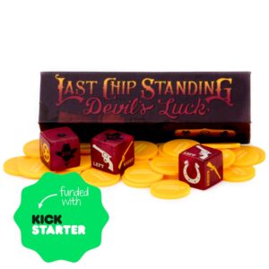 last chip standing: devil's luck | fast, light & fun pocket classic family dice game | includes 19mm custom dice, 24 yellow mini chips, and magnetic carry case | travel-friendly tabletop board game