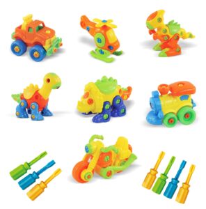 kidtastic set of 7 take apart toys - dinosaur, helicopter, train, truck, motorcycle - stem building kit for boys, girls, toddlers - age 3, 4, 5 years old - educational gift build and play