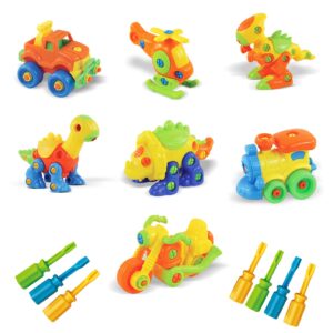 Kidtastic Set of 7 Take Apart Toys - Dinosaur, Helicopter, Train, Truck, Motorcycle - STEM Building Kit for Boys, Girls, Toddlers - Age 3, 4, 5 Years Old - Educational Gift Build and Play