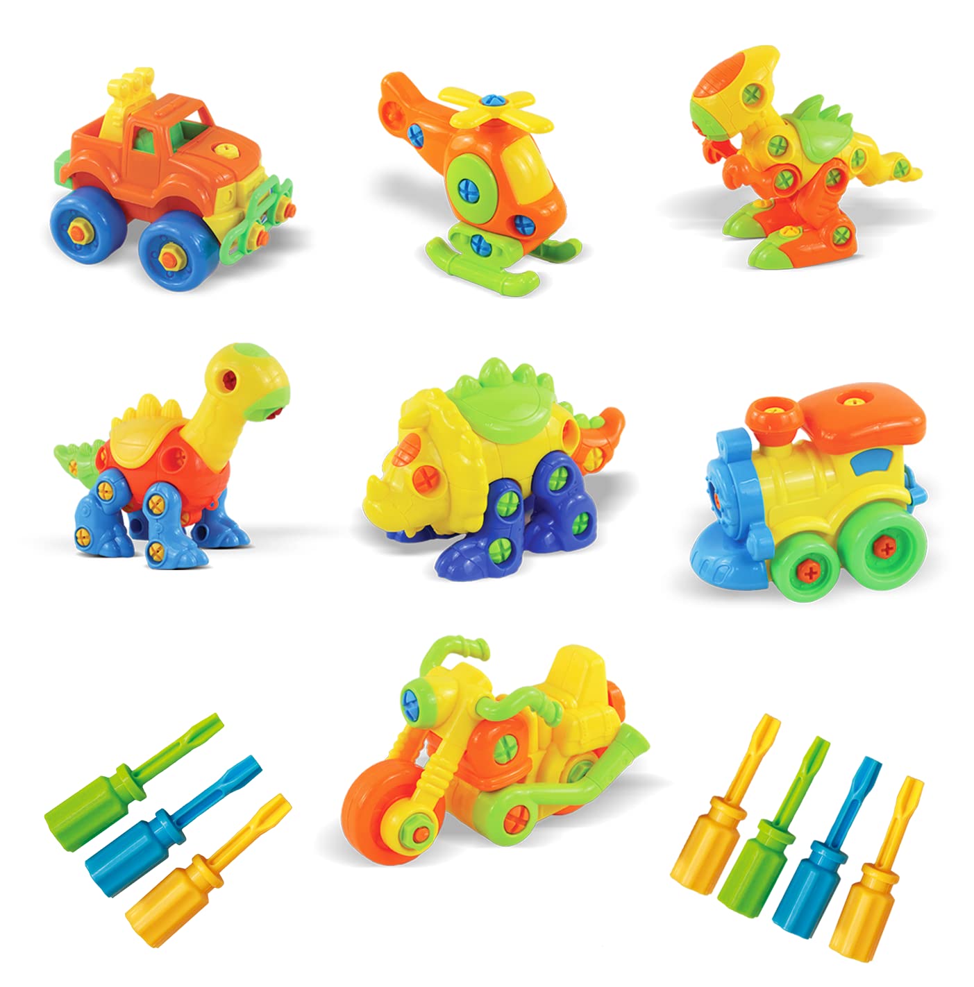 Kidtastic Set of 7 Take Apart Toys - Dinosaur, Helicopter, Train, Truck, Motorcycle - STEM Building Kit for Boys, Girls, Toddlers - Age 3, 4, 5 Years Old - Educational Gift Build and Play