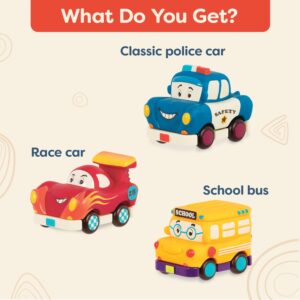 B. toys- Mini Wheeee-ls!- 3 pc Mini Pull-Back Vehicles Set, Bus & Cars, Multi, Hot Rod, School Bus, Police Car- 1 year +