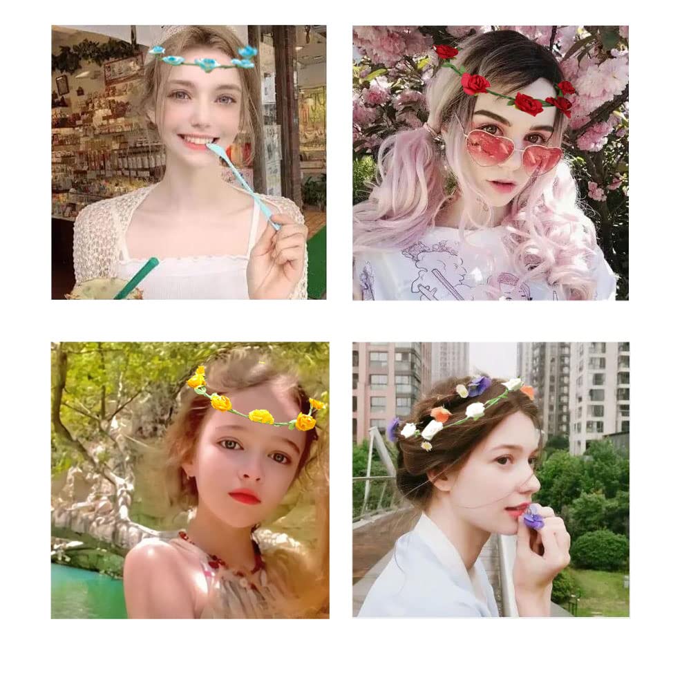 Kaptin 10 Pack Multicolor Flower Crown Headband, Women Girl Fashion Floral Crown Garland Headbands for Festival Celebration Wedding Party, Without anchor strap (10pcs)