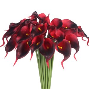 justoyou 20pcs artificial calla lily 13" fake white flowers wedding bouquet real touch latex flower for bride wedding home decor (dark red)