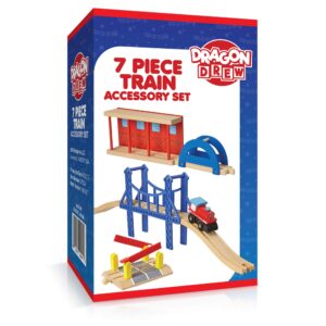 Dragon Drew Wooden Train Accessory Set – Includes Train Car, Station Platform, Raised Bridge and Tracks and Railroad Crossroad - Compatible with Brio, Thomas, Chuggington and All Major Brands