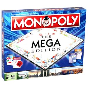 winning moves mega monopoly board game, 12 extra spaces including downing street, saville row and knightsbridge, invest in skyscrapers, for ages 8 plus