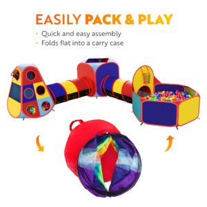 Playz 5pc Kids Play Tent Jungle Gym, Ball Pit, Pop Up Tents & Play Tunnel for Toddlers, Babies, and Kids Indoor & Outdoor Playhouse Bundle with Dartboard and 5 Sticky Balls, Gift for Boys & Girls