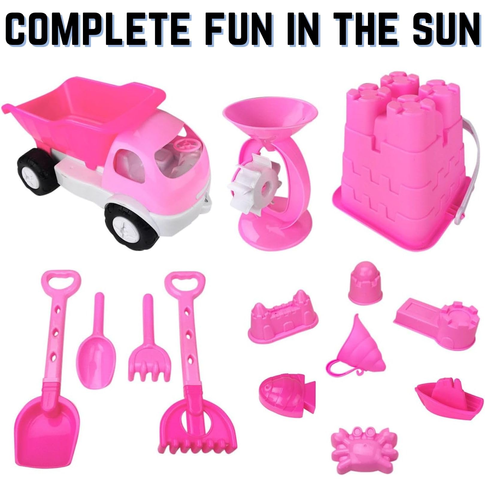 Liberty Imports 14 PCS Pink Sand Toys, Princess Castle Beach Play Set for Girls with Dump Truck, Sandwheel, Bucket, Play Tools and Sand Molds Imaginative Playset for Kids, Toddlers