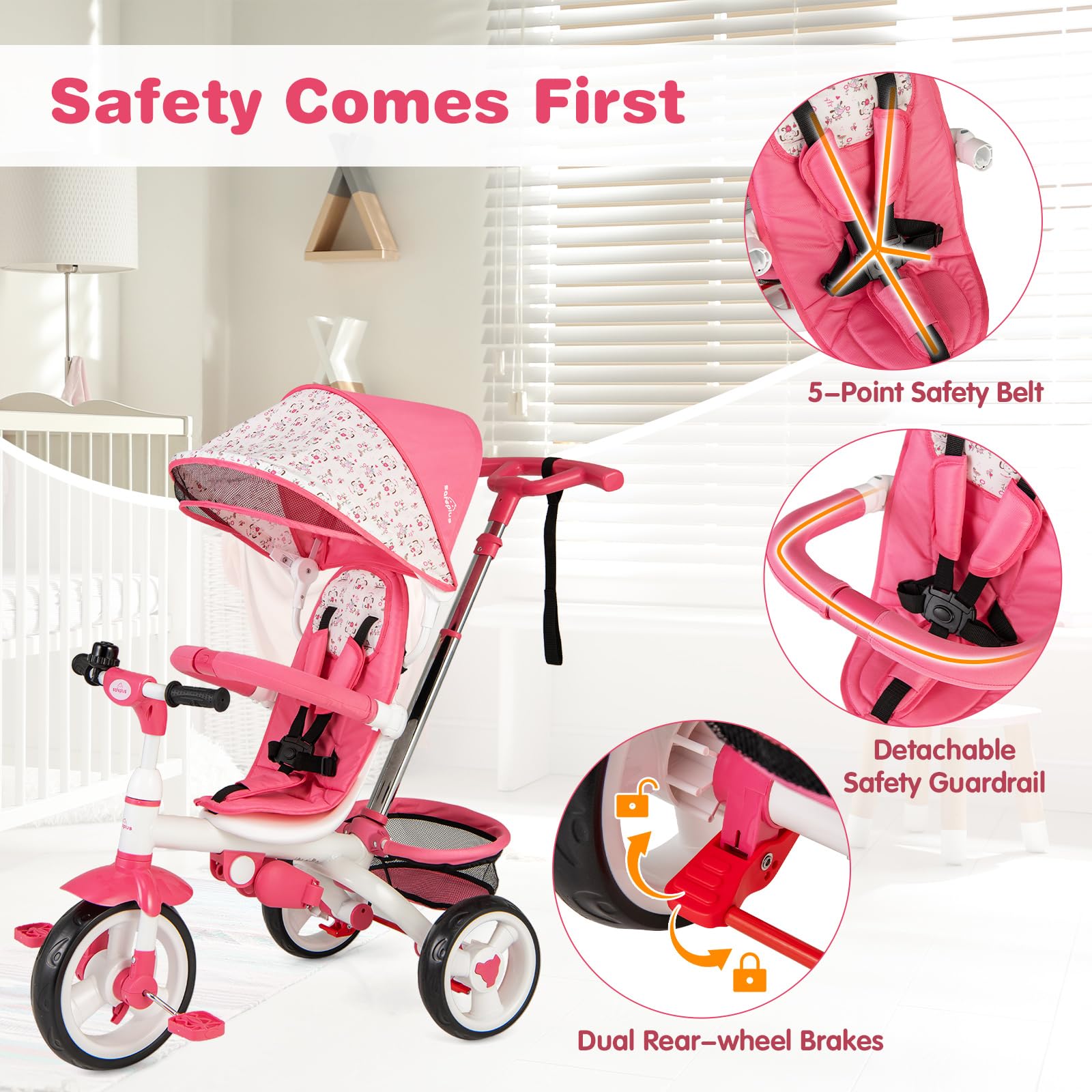 Costzon Tricycle for Toddlers, 6 in 1 Trike w/Parent Handle, Adjustable Canopy, Storage, Safety Harness & Wheel Brakes, Baby Push Tricycle Stroller for Kids Boys Girls Aged 9 Month-5 Years Old, Pink