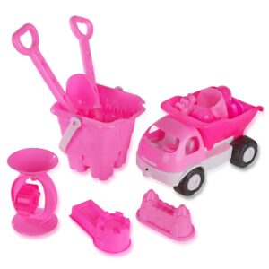 Liberty Imports 14 PCS Pink Sand Toys, Princess Castle Beach Play Set for Girls with Dump Truck, Sandwheel, Bucket, Play Tools and Sand Molds Imaginative Playset for Kids, Toddlers