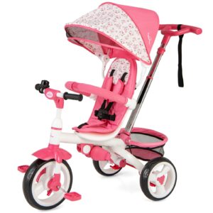 costzon tricycle for toddlers, 6 in 1 trike w/parent handle, adjustable canopy, storage, safety harness & wheel brakes, baby push tricycle stroller for kids boys girls aged 9 month-5 years old, pink