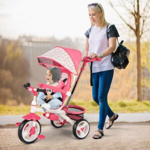 Costzon Tricycle for Toddlers, 6 in 1 Trike w/Parent Handle, Adjustable Canopy, Storage, Safety Harness & Wheel Brakes, Baby Push Tricycle Stroller for Kids Boys Girls Aged 9 Month-5 Years Old, Pink