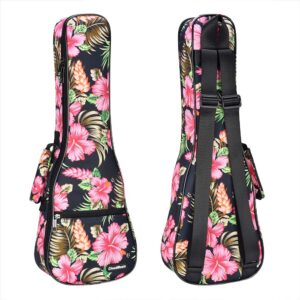 CLOUDMUSIC Ukulele Case Gig Bag Padded Backpack For Concert 23" Inch(Concert, Hawaii Hibiscus And Palm In Black)