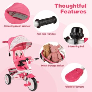 Costzon Tricycle for Toddlers, 6 in 1 Trike w/Parent Handle, Adjustable Canopy, Storage, Safety Harness & Wheel Brakes, Baby Push Tricycle Stroller for Kids Boys Girls Aged 9 Month-5 Years Old, Pink