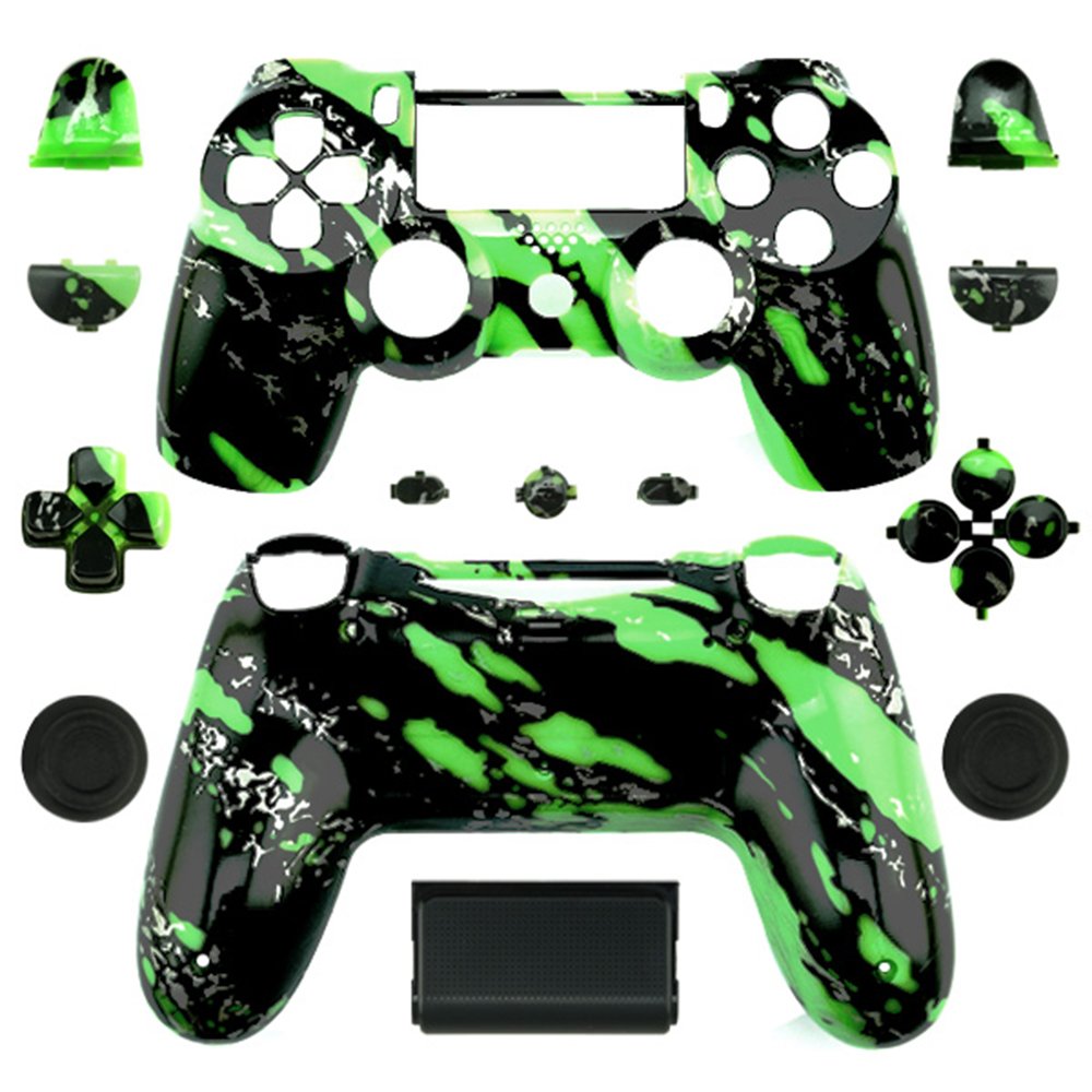 Ambertown Special Custom Full Housing Shell Case Cover with Buttons for Sony Playstation 4 PS4 Wireless Controller - Custom Hydro Dipped Green Splatter Skin