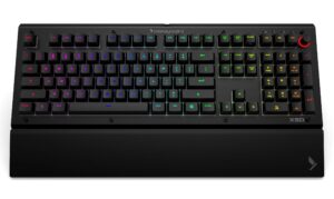 das keyboard x50q programmable rgb mechanical keyboard for work & gaming, soft tactile mechanical switches, pre-built q applets, palm rest, volume knob, aluminum top (104 keys, black)