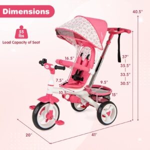 Costzon Tricycle for Toddlers, 6 in 1 Trike w/Parent Handle, Adjustable Canopy, Storage, Safety Harness & Wheel Brakes, Baby Push Tricycle Stroller for Kids Boys Girls Aged 9 Month-5 Years Old, Pink