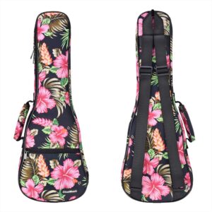 cloudmusic ukulele case gig bag padded backpack for concert 23" inch(concert, hawaii hibiscus and palm in black)