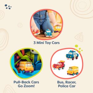 B. toys- Mini Wheeee-ls!- 3 pc Mini Pull-Back Vehicles Set, Bus & Cars, Multi, Hot Rod, School Bus, Police Car- 1 year +