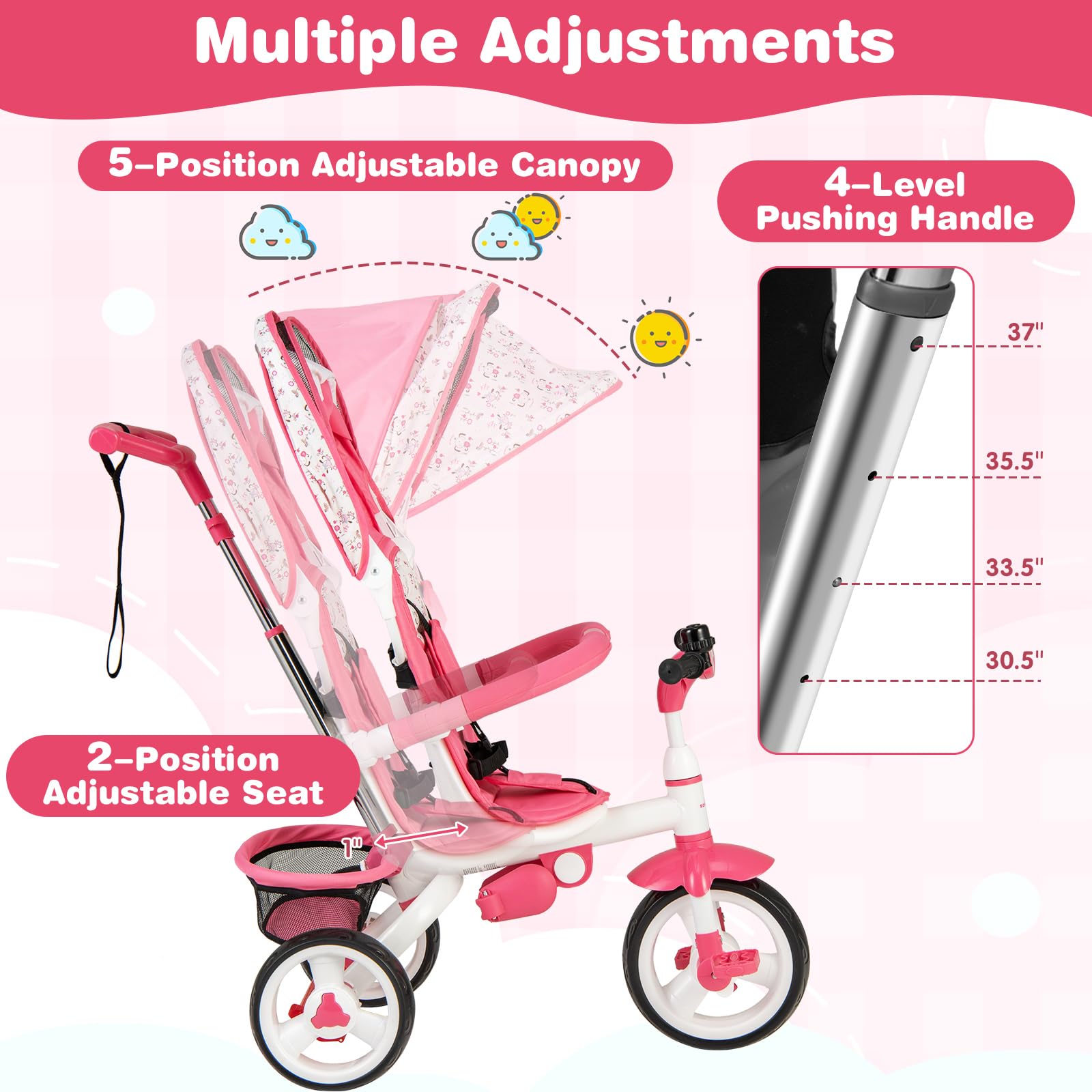 Costzon Tricycle for Toddlers, 6 in 1 Trike w/Parent Handle, Adjustable Canopy, Storage, Safety Harness & Wheel Brakes, Baby Push Tricycle Stroller for Kids Boys Girls Aged 9 Month-5 Years Old, Pink