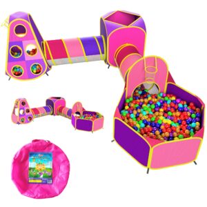 playz 5pc kids princess play tent, ball pit with basketball hoop & kids play tunnel for toddlers, babies, kids, girls & boys indoor & outdoor pop up playhouse bundle with bag, yellow, pink & purple