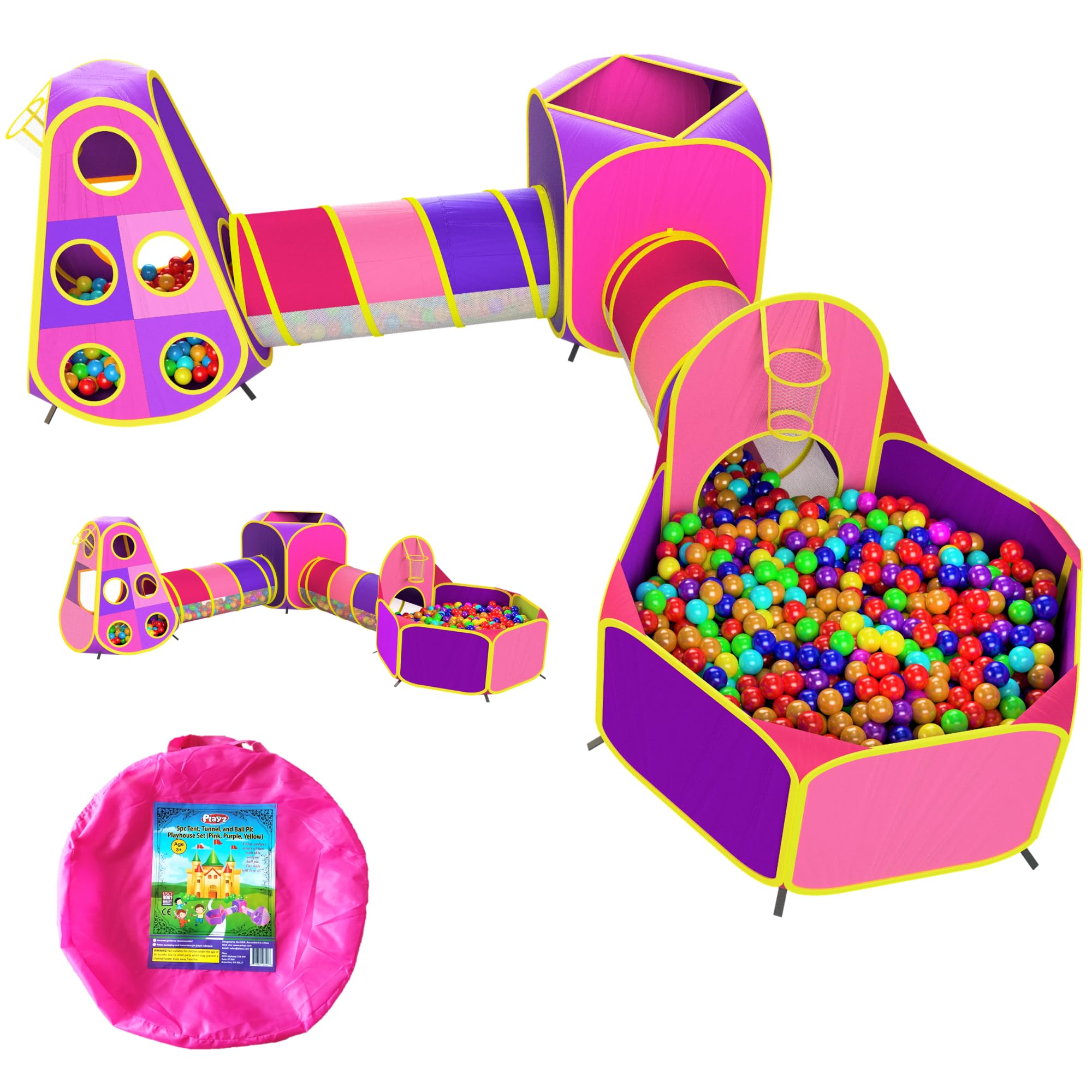 Playz 5pc Kids Princess Play Tent, Ball Pit with Basketball Hoop & Kids Play Tunnel for Toddlers, Babies, Kids, Girls & Boys Indoor & Outdoor Pop Up Playhouse Bundle with Bag, Yellow, Pink & Purple