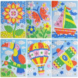 lzhzh mosaic sticker art sticky diy handmade art kits for kids - sunflower, butterfly, sailboat, woodpecker, hot air balloon, airplane (6 pack)