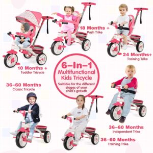 Costzon Tricycle for Toddlers, 6 in 1 Trike w/Parent Handle, Adjustable Canopy, Storage, Safety Harness & Wheel Brakes, Baby Push Tricycle Stroller for Kids Boys Girls Aged 9 Month-5 Years Old, Pink