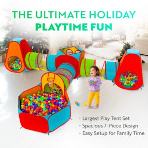 Playz 7pc Kids Play Tent with 1 Big Ball Pit for Babies, 3 Play Tunnel for Toddlers, and 3 Pop Up Tents Playhouse Bundle, Best Birthday Gift for Boys & Girls, Indoor & Outdoor Use Portable Play Center