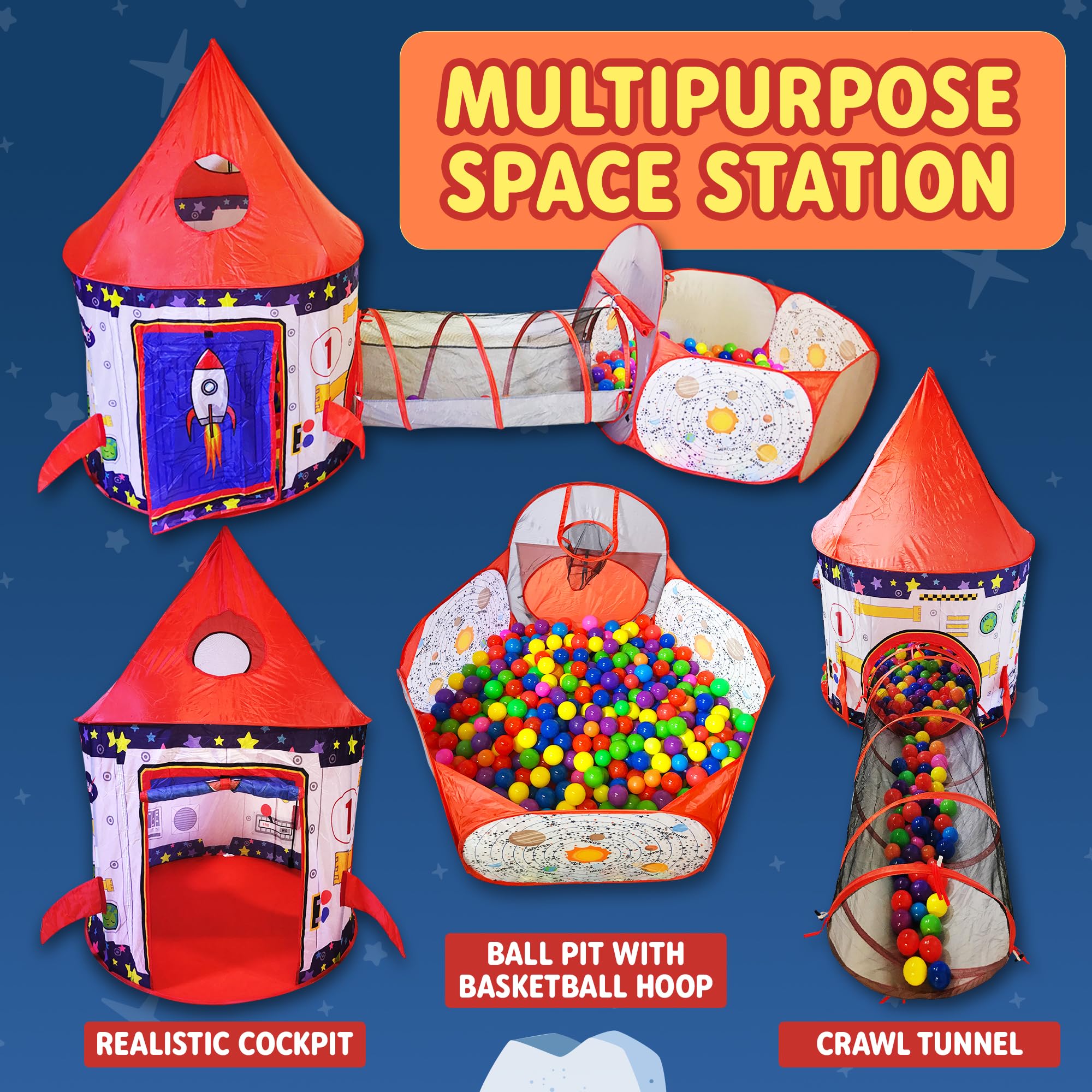 Playz 3pc Rocket Ship Astronaut Kids Play Tent, Tunnel, & Ball Pit with Basketball Hoop Toys for Boys, Girls, Babies, and Toddlers - STEM Inspired Educational Galactic Spaceship Design w/Planets