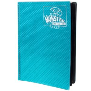 monster 9 pocket trading card binder - holofoil aqua blue album, anti-theft tcg protection w side loading padded pockets, double sided, holds 360 cards, for sports, gaming, kpop, christmas gift