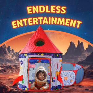 Playz 3pc Rocket Ship Astronaut Kids Play Tent, Tunnel, & Ball Pit with Basketball Hoop Toys for Boys, Girls, Babies, and Toddlers - STEM Inspired Educational Galactic Spaceship Design w/Planets