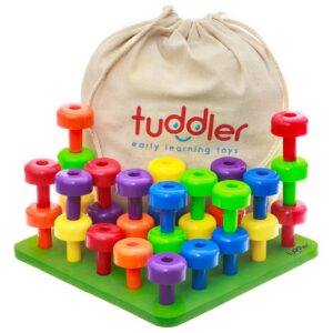 tuddler toddler peg board sensory toys/montessori toys for toddlers/fine motor skills toys/educational toys / 30 pieces stackable pegs + pattern card + drawstring backpack + e-book