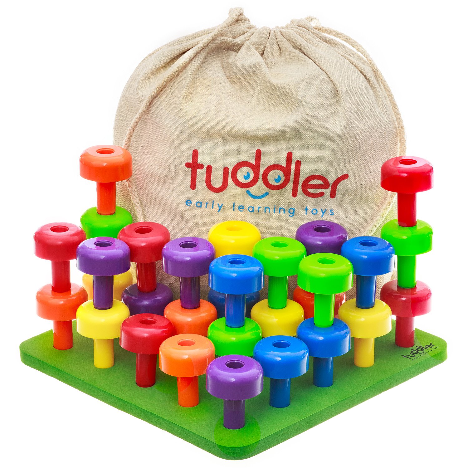 Tuddler Toddler Peg Board Sensory Toys/Montessori Toys for Toddlers/Fine Motor Skills Toys/Educational Toys / 30 Pieces Stackable Pegs + Pattern Card + Drawstring Backpack + E-Book