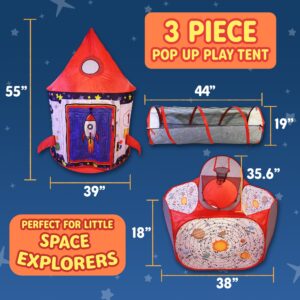 Playz 3pc Rocket Ship Astronaut Kids Play Tent, Tunnel, & Ball Pit with Basketball Hoop Toys for Boys, Girls, Babies, and Toddlers - STEM Inspired Educational Galactic Spaceship Design w/Planets