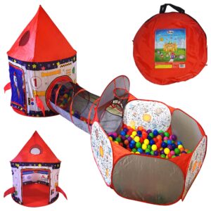 playz 3pc rocket ship astronaut kids play tent, tunnel, & ball pit with basketball hoop toys for boys, girls, babies, and toddlers - stem inspired educational galactic spaceship design w/planets