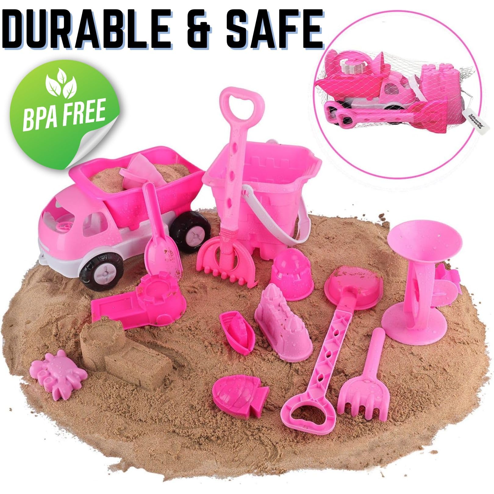 Liberty Imports 14 PCS Pink Sand Toys, Princess Castle Beach Play Set for Girls with Dump Truck, Sandwheel, Bucket, Play Tools and Sand Molds Imaginative Playset for Kids, Toddlers