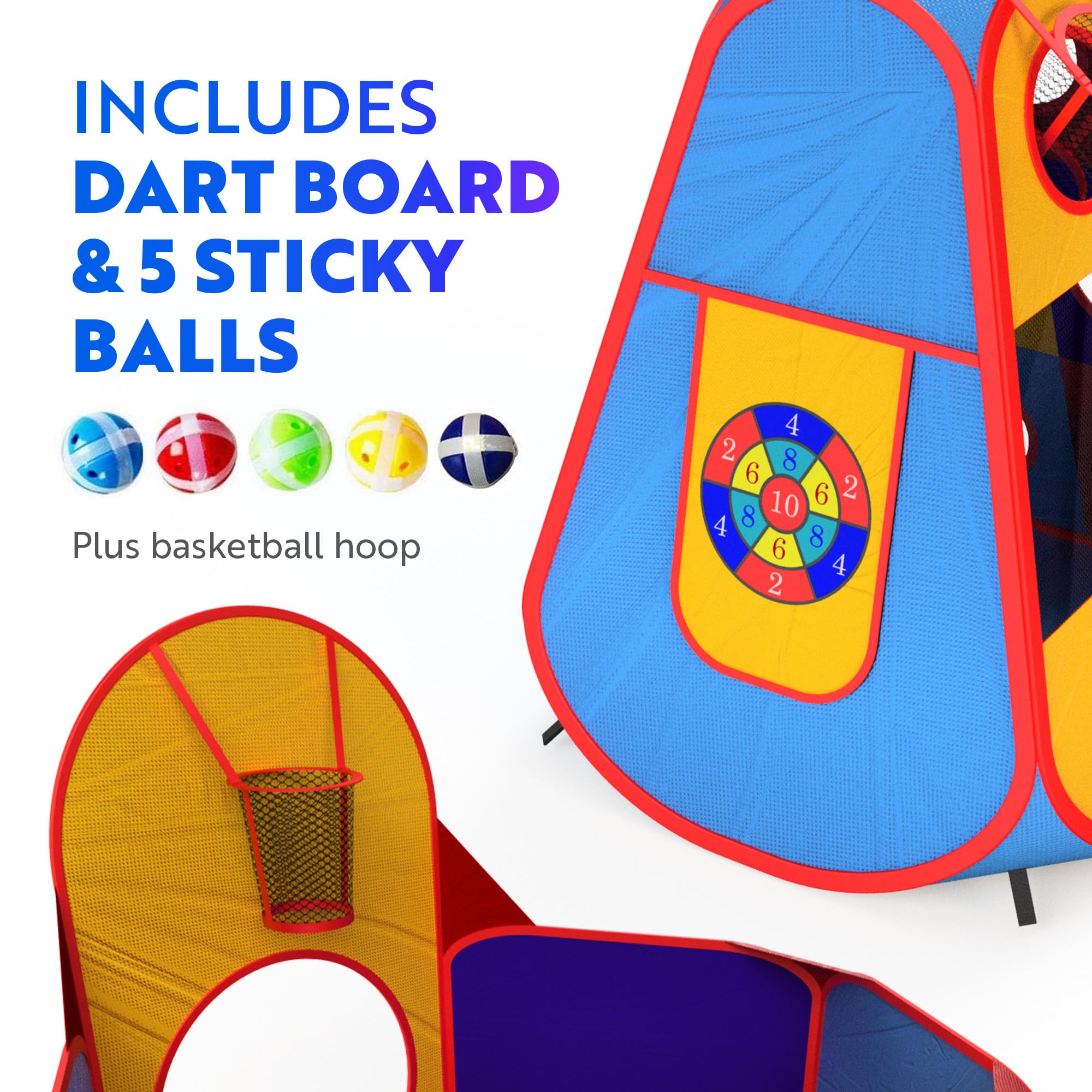 Playz 5pc Kids Play Tent Jungle Gym, Ball Pit, Pop Up Tents & Play Tunnel for Toddlers, Babies, and Kids Indoor & Outdoor Playhouse Bundle with Dartboard and 5 Sticky Balls, Gift for Boys & Girls