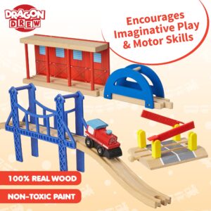 Dragon Drew Wooden Train Accessory Set – Includes Train Car, Station Platform, Raised Bridge and Tracks and Railroad Crossroad - Compatible with Brio, Thomas, Chuggington and All Major Brands