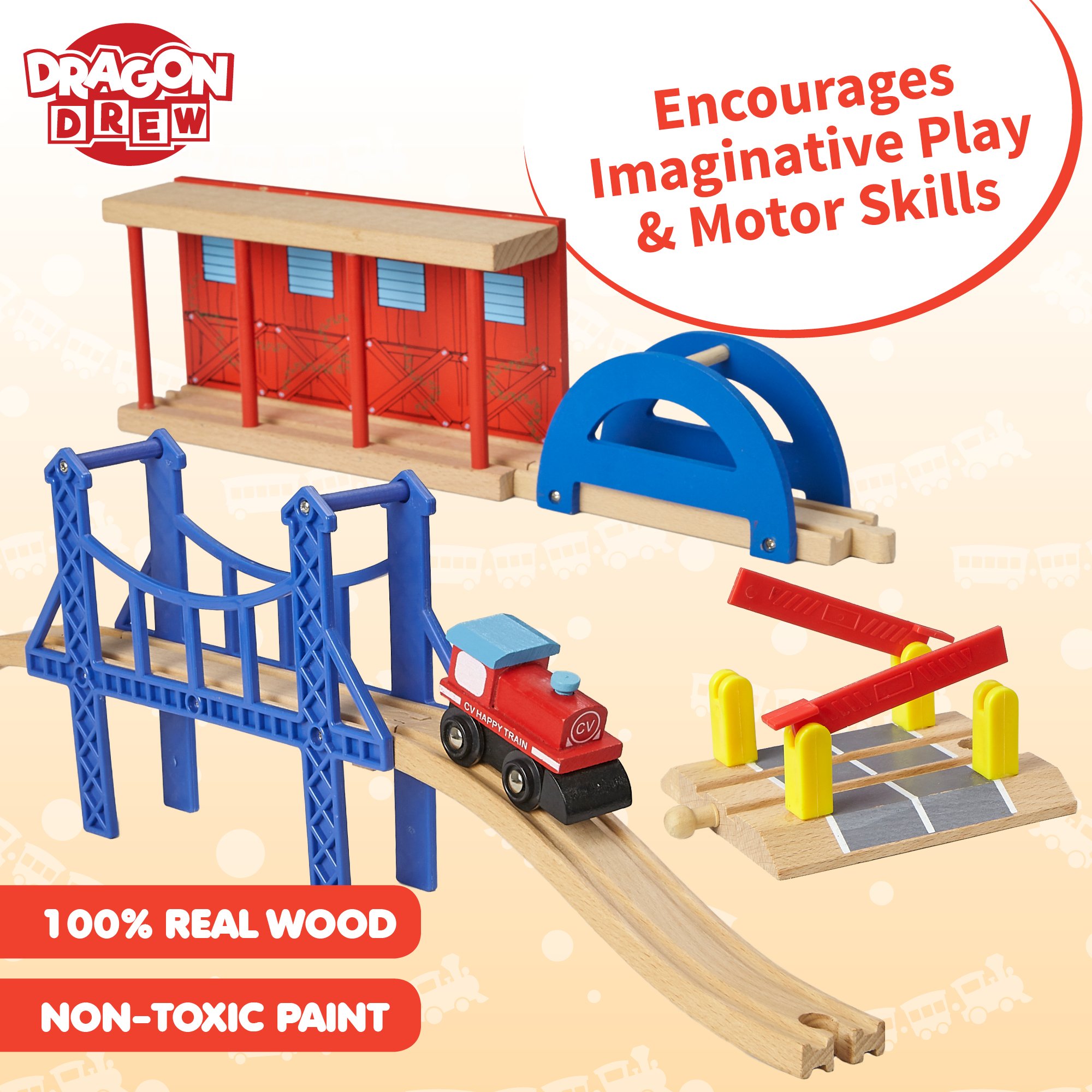 Dragon Drew Wooden Train Accessory Set – Includes Train Car, Station Platform, Raised Bridge and Tracks and Railroad Crossroad - Compatible with Brio, Thomas, Chuggington and All Major Brands