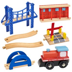 dragon drew wooden train accessory set – includes train car, station platform, raised bridge and tracks and railroad crossroad - compatible with brio, thomas, chuggington and all major brands