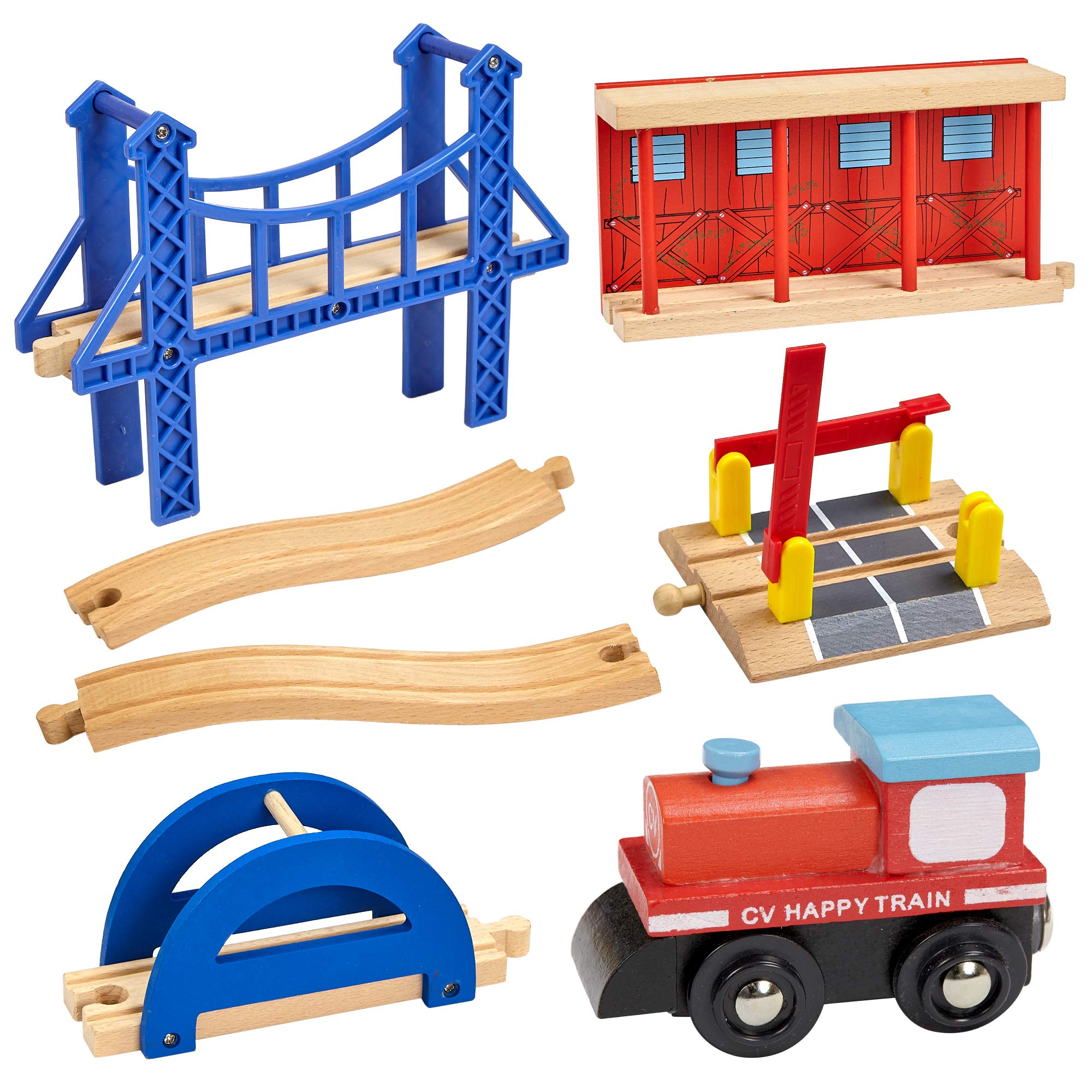 Dragon Drew Wooden Train Accessory Set – Includes Train Car, Station Platform, Raised Bridge and Tracks and Railroad Crossroad - Compatible with Brio, Thomas, Chuggington and All Major Brands