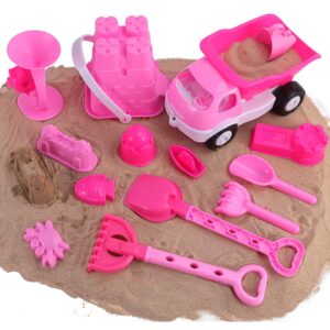 liberty imports 14 pcs pink sand toys, princess castle beach play set for girls with dump truck, sandwheel, bucket, play tools and sand molds imaginative playset for kids, toddlers