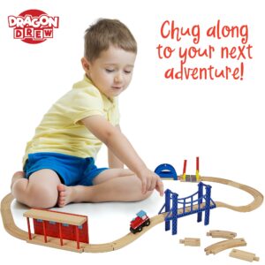 Dragon Drew Wooden Train Accessory Set – Includes Train Car, Station Platform, Raised Bridge and Tracks and Railroad Crossroad - Compatible with Brio, Thomas, Chuggington and All Major Brands